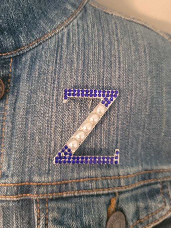 Blue Rhinestone "Z" pin with Pearlz - Greek CertiPHIed Apparel